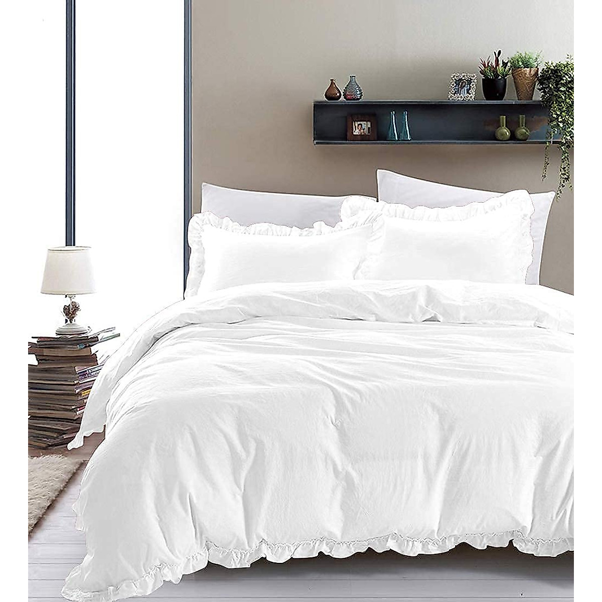 100% Cotton 600 Thread Count 3 Piece Frilled Duvet Set, 1 Piece Edge Ruffle Frilled Duvet Cover With Zipper Closure & Corner Ties And 2 Pillow Cover (King/California King Size, White)