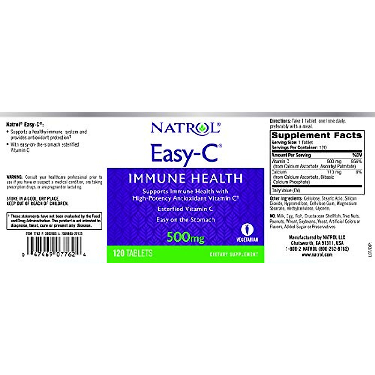 Natrol Easy-C Immune Health, Dietary Supplement, Supports Immune Health with High-Potency Antioxidant Vitamin C, Tablets, 500 mg, 120 Count