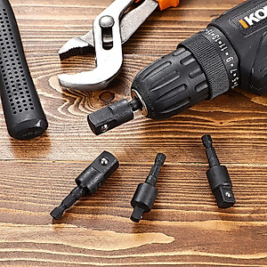 Pommes 4-Piece Power Drill Sockets Adapter Sets,360degreeRotatable 1/4inch 3/8inch 1/2inch Impact Grade Driver Extension Set Bit+105 Degree Right Angle Screwdriver Hex Bit Socket 4 Black