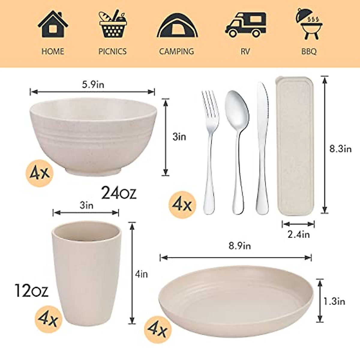 28PCS Kitchen Wheat Streaw Dinnerware Sets, Wheat Straw Plates and Bowls Sets, College Dorm Dinnerware Dishes Set for 4 with Cutlery Set (Beige)