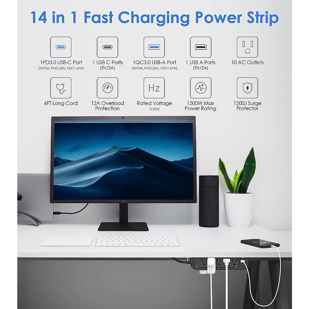JUNNUJ 20W USB C Power Strip Thin Flat Plug 10 Outlets, Lay Flat Surge Protector 1200J, Wall Mount Power Strips with 18W USB A, Low Profile Outlet with Switch, Ultra Slim Flat Plug Extension Cord 6FT