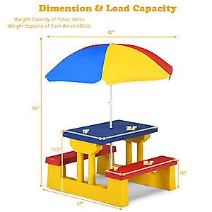 HONEY JOY Kids Picnic Table, Toddler Plastic Outdoor Table & Bench Set with Umbrella, Children Patio Furniture Set for Backyard Garden, Kids Picnic Tables for Outdoors, Gift for Boys Girls Age 3+