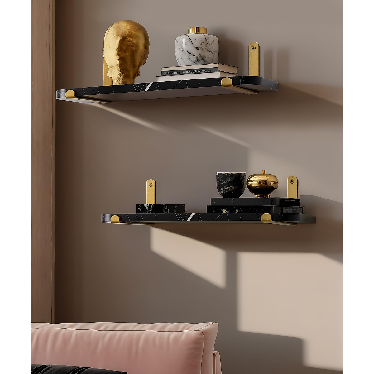 Afuly Black Floating Shelves for Wall, Gold Shelf for Home Decor, 16 inch Wall Mounted Shelves for Living Room Bedroom Bathroom, Modern Luxury Storage Display Marble Shelf