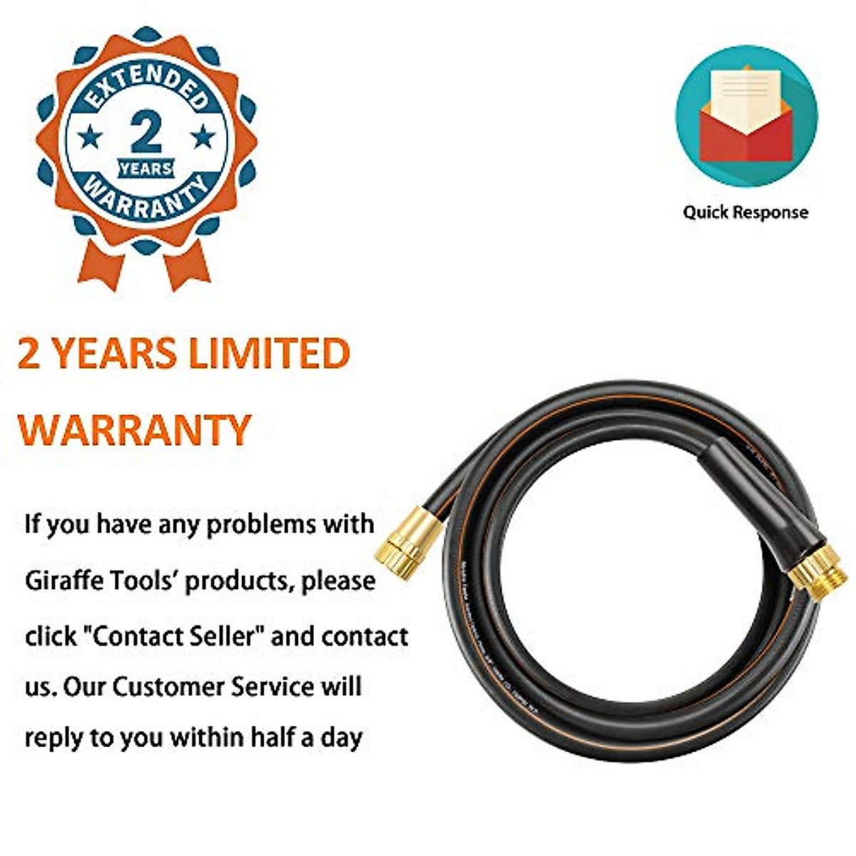 Giraffe Tools Short Leader Garden Hose 10 ft, Heavy Duty Black Garden Hose 5/8 in, Rubber Water Hose, No-Kink, Leakroof Gardening Hose with Male to Female Fittings, Black and Orange