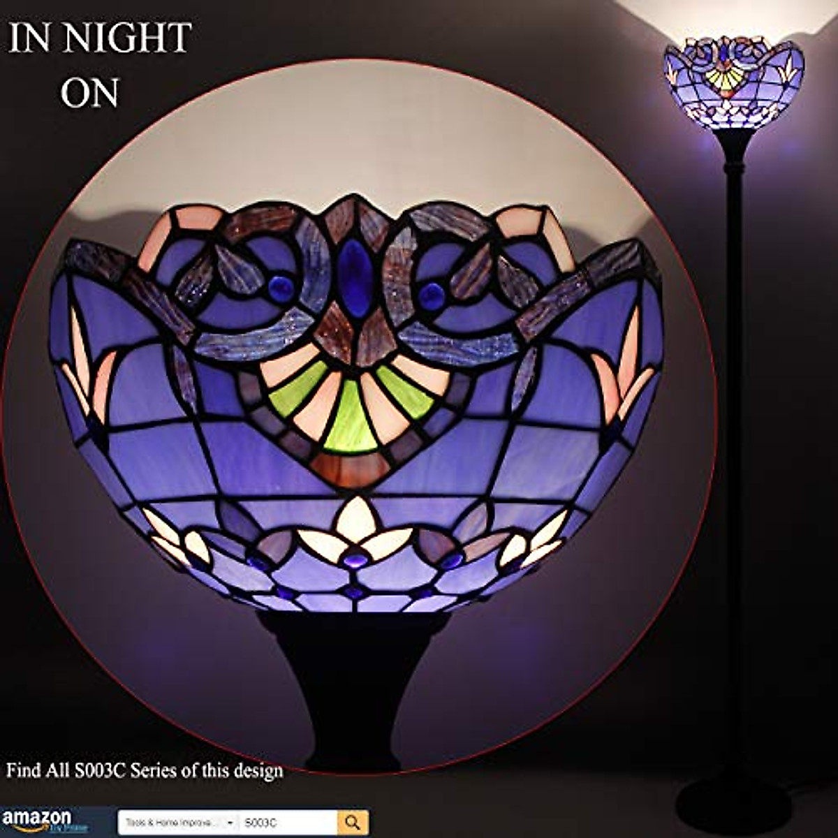 WERFACTORY Tiffany Floor Lamp Blue Purple Baroque Stained Glass Light 12X12X66 Inch Pole Torchiere Standing Corner Torch Uplight Decor Bedroom Living Room Home Office S003C Series