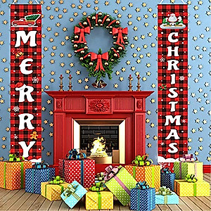 Trooer Christmas Porch Sign, Merry Christmas Banner for Outside Indoor Outdoor Christmas Decorations New Year Black Red Buffalo Plaid Hanging Banners Sign for Holiday Party Supplies Home Welcome