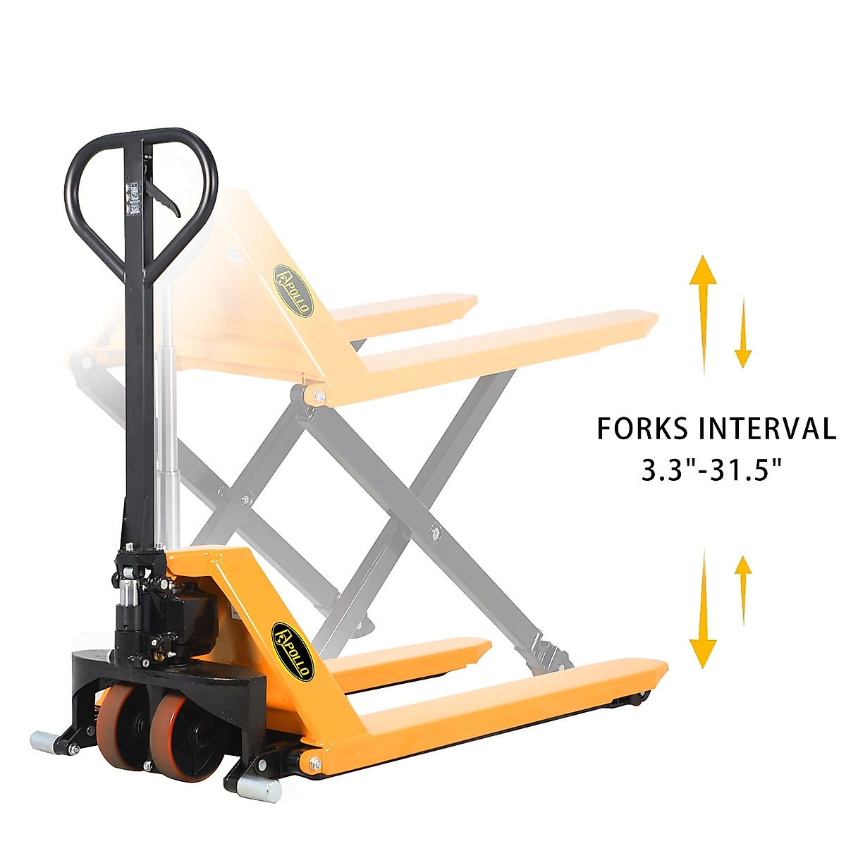 APOLLO High Lift Pallet Jack Manual Scissor Lifting Truck 31.5" Lifting Height 45''Lx27''W Fork Size 2200lbs Capacity Only for Open-Bottom Pallets