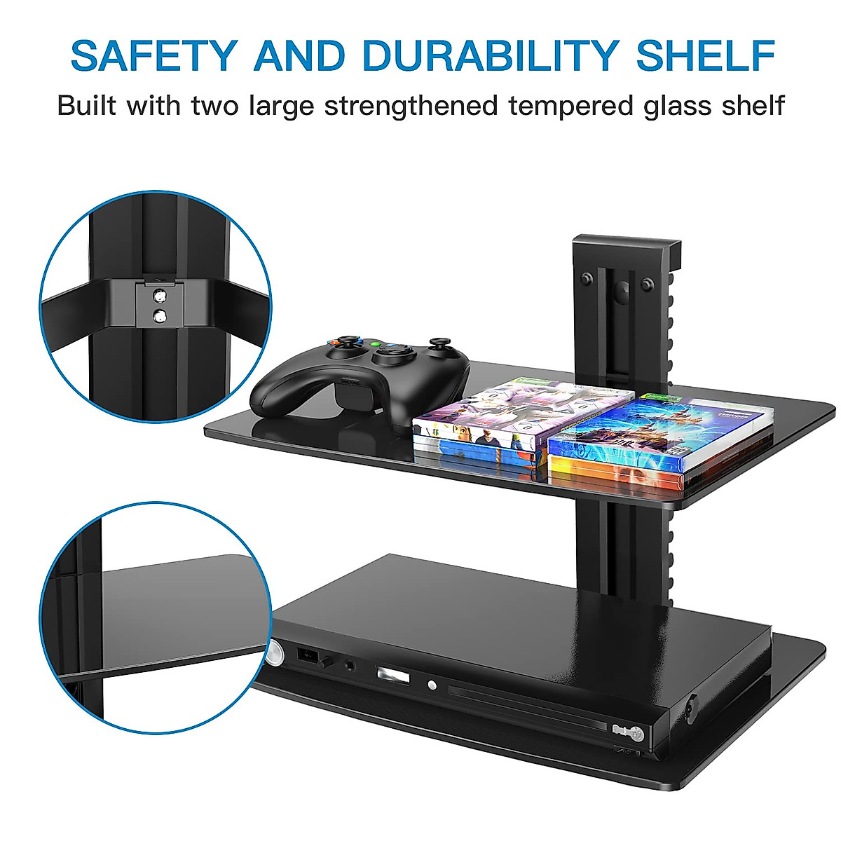 PERLESMITH Floating Wall Mounted Shelf Double AV Shelf with Strengthened Tempered Glasses for DVD Players,Cable Boxes, Games Consoles, TV Accessories - Holds up to 16.5 lbs PSDSK2-1
