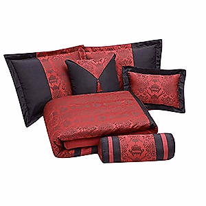 Chezmoi Collection Dynasty Jacquard 7-Piece Comforter Set Black/Red (Queen)