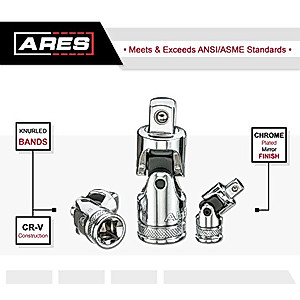 ARES 70197-3-Piece Universal Joint Socket Set - Includes 1/4-Inch, 3/8-Inch, and 1/2-Inch Drive U-Joints - Storage Rail Included