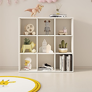 Wood Cube Storage Organizer Closet Cabinet for Living Room Bedroom Study Shelf Bookcase Wooden Floor Standing Open Bookshelf for Kids Home Office Display Storage Cabinet (White, 9-Cube, 11.81in)