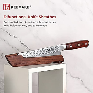 KEEMAKE Chef Knife 8 inch, Kiritsuke knife with Hammered Damascus Steel Blade Kitchen Knife, Japanese Gyutou knife with Pakkawood Handle Chopping Knife, Meat Cutting Knife With Walnut Sheath