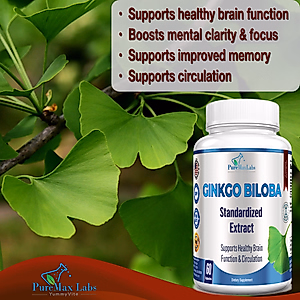 YUMMYVITE Ginkgo Biloba Capsules - Supports Brain Function, Memory Support & Circulation, Extra Strength Standardized Extract - 60 Capsules