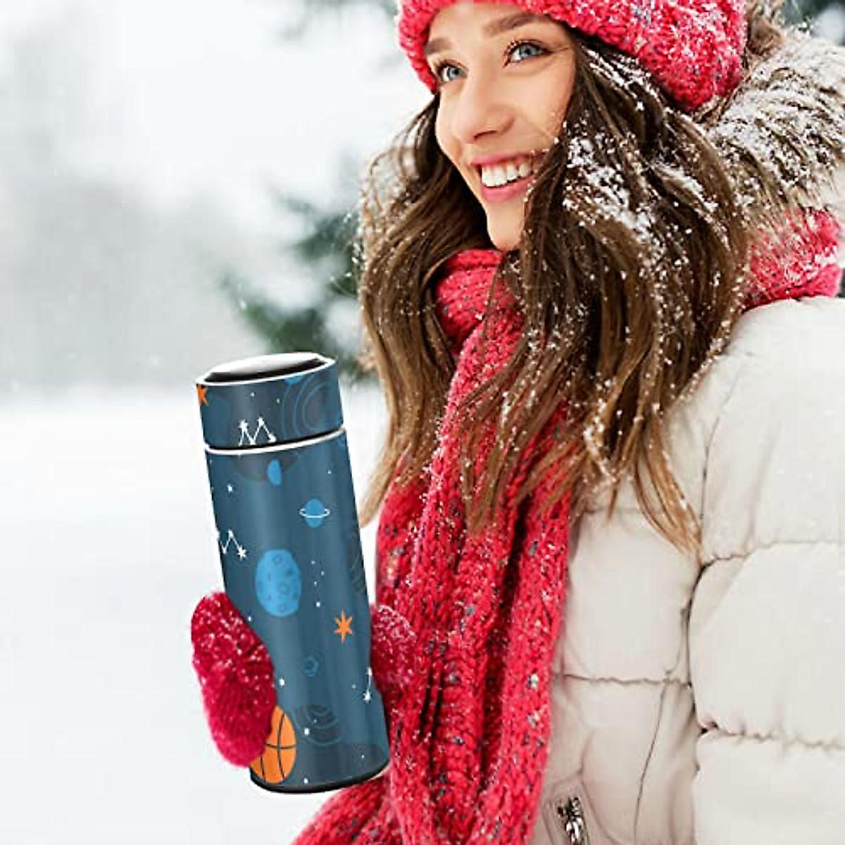 CaTaKu Small Water Bottle 12 oz, Space Planet Basketball Insulated Water Bottle for Water Coffee Tea Stainless Steel Flask Thermos Bottle Reusable Wide Mouth Vacuum Travel Mug