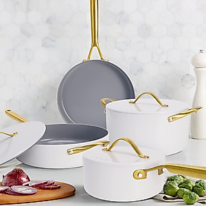 Ceramic Pots and Pans Set - VONIKI Nonstick Cookware Sets Non Toxic Cookware Set, Induction Cookware With Dutch Oven, Frying Pan, Saucepan, Sauté Pan, White Gold Pots and Pans for Cooking Set Gift