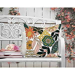 Jartinle Tropical Leaves Flower Boho Outdoor Pillow Covers 18x18 Waterproof Set of 2 Bohemian Blooming Floral Pattern Patio Throw Pillow Covers for Porch Balcony Garden(18x18)