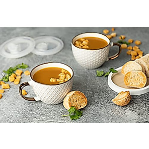 KooK Ceramic Soup Mugs, Embossed, with Handle and Vented Plastic Lid, Microwave and Dishwasher Safe Travel Cups, Cream with Dark Copper Accents, 18 oz, Set of 2, Narbonne Collection
