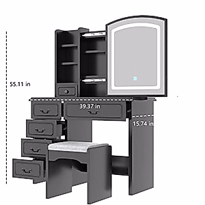 BJYXO 55" Vanity Desk Set with Sliding Lighted Mirror, Makeup Dressing Vanity Table with Hidden Shelves & Cushioned Stool, Vanity Desk & Vanity Stool Set with 3 Color Lighting Modes Touch Light
