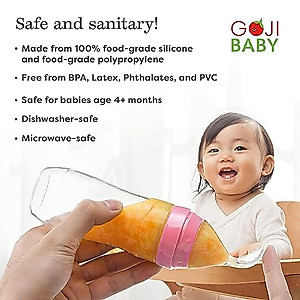 Goji Baby - 4 oz Silicone Baby Food Dispensing Spoon - 2 Pack - Great for 4+ Month Infants - Includes Stopper - Easy to Use and Mess-Free - Precise Food-Release Feeder - Great for Travel (Pink)