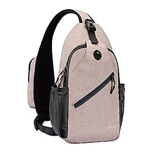 Fancosni Sling Bags for Women Men, Crossbody Sling Backpack, Chest Bag Lightweight Shoulder Bag, Multipurpose Sling Bag for Travel, Hiking, Shopping, Walking, Biking, Cycling, Earphone Hole, Beige