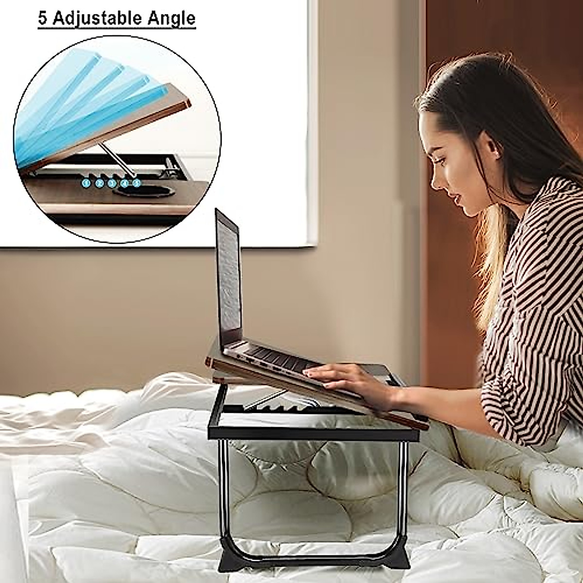 Laptop Desk for Bed, Bed Table for Laptop, Laptop Stand for Desk, Folding Laptop Lap Desk with 5 Adjustable Angles, Bed Tray with Cup Holder, TV Tray Table for Eating Reading Working on Bed Couch Sofa