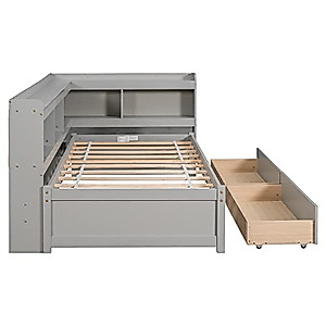 BIADNBZ Twin Size Platform Bed Daybed with L-Shaped Bookcases and 2 Drawers, Wooden Captain Bedframe w/Storage Headboard, for Kids Teens Adult, Bedroom/Living Room Furniture, Gray