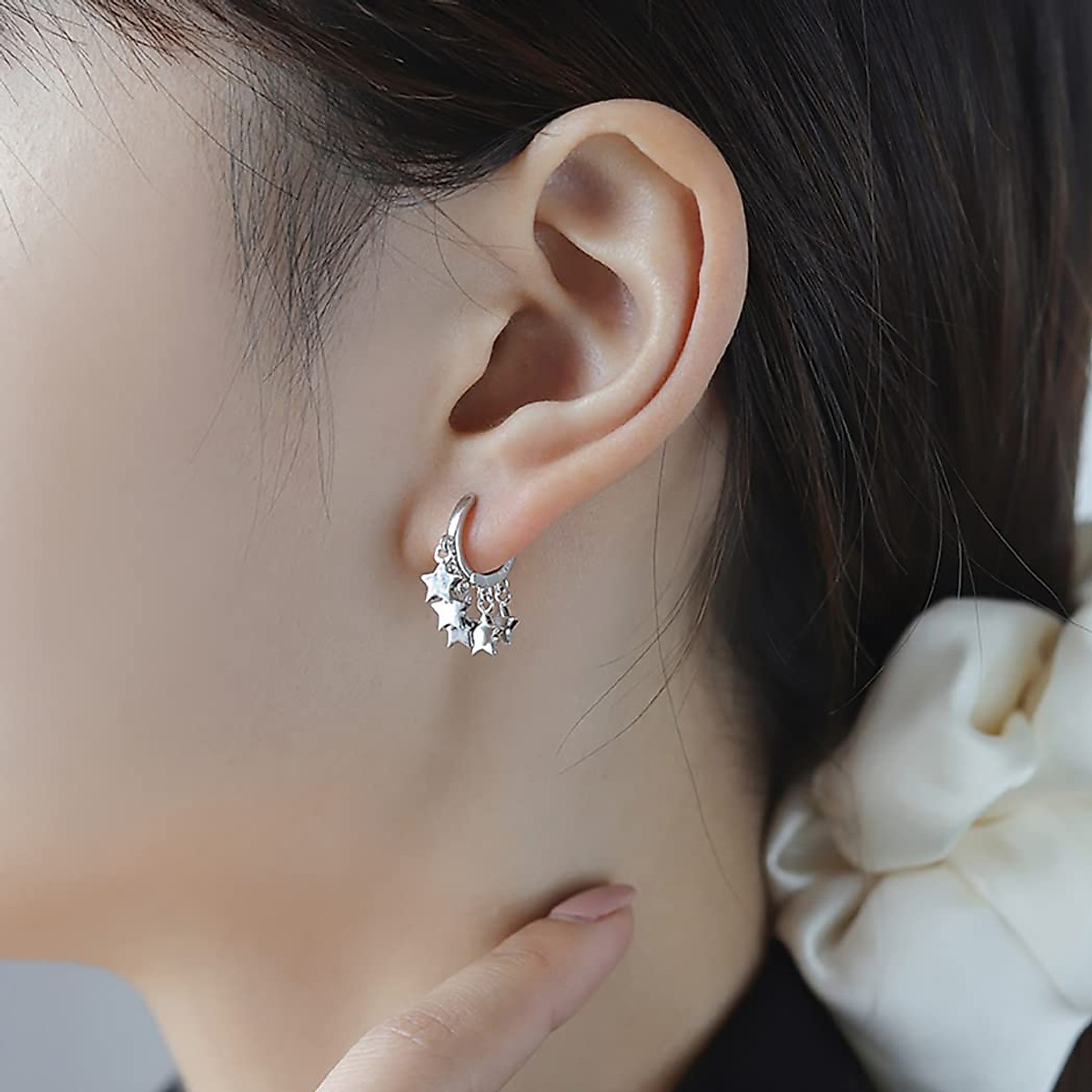 SLUYNZ 925 Sterling Silver Star Hoop Earrings for Women Shiny Star Earrings Hoop (A-Silver)