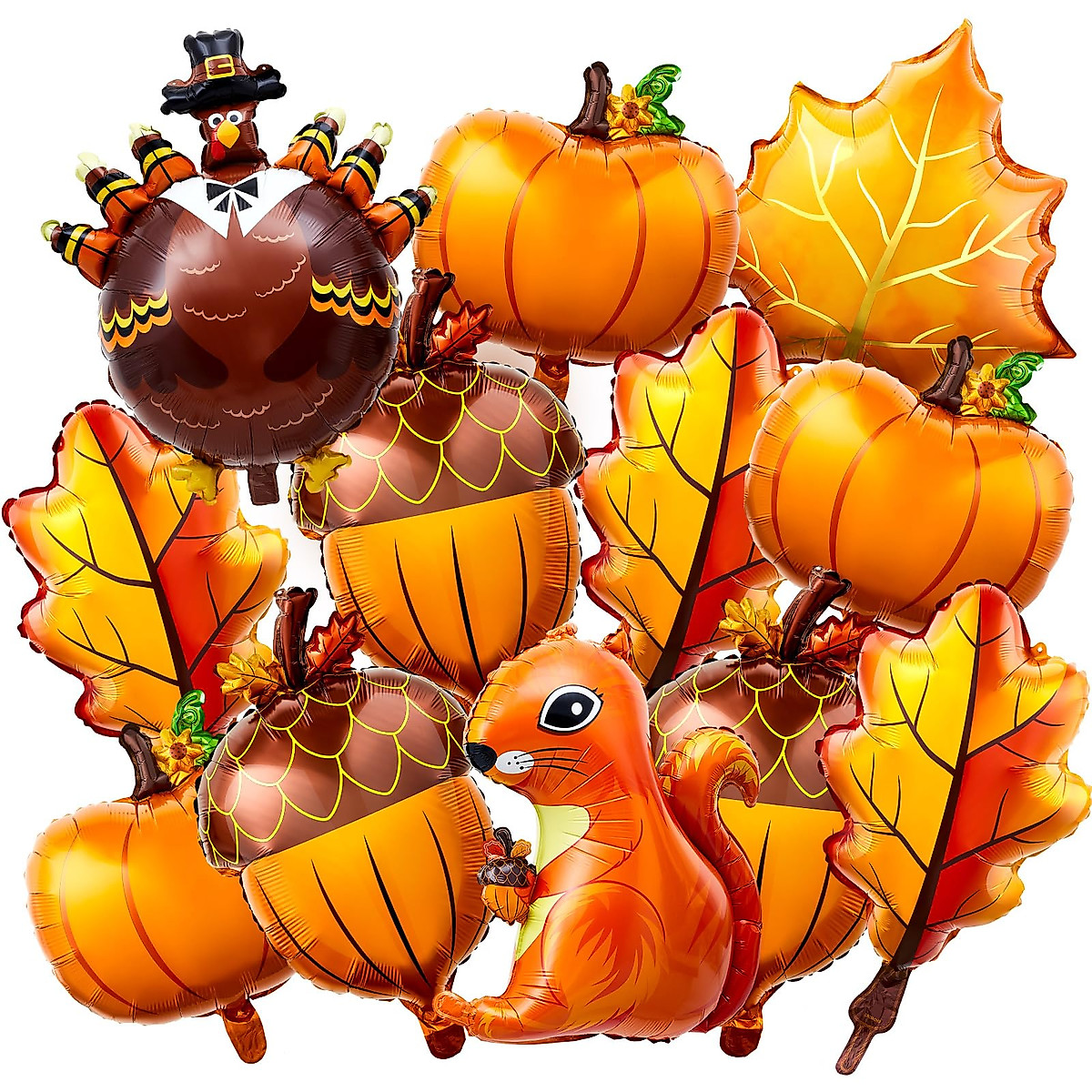 Gemscream 18 Pcs Thanksgiving Foil Balloons Set Large Happy Fall Balloons Maple Leaf Pine Cones Pumpkin Leaf Turkey Squirrel Thanksgiving Balloons for Autumn Theme Festival Party Supplies