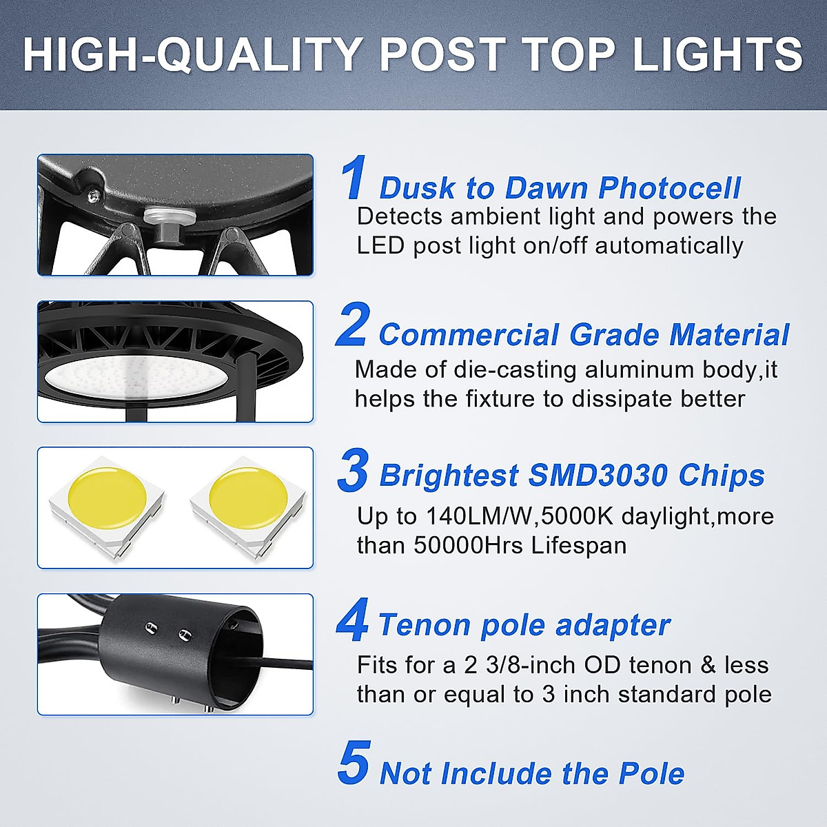 LED Post Top Light with Dusk to Dawn Photocell,80W/100W/120W/150W Power Tunable,3CCT 3000K-4000K-5000K,LED Circular Pole Light Outdoor Post Light,for Garden Street Lighting,IP65 DLC&ETL Listed-2Pack