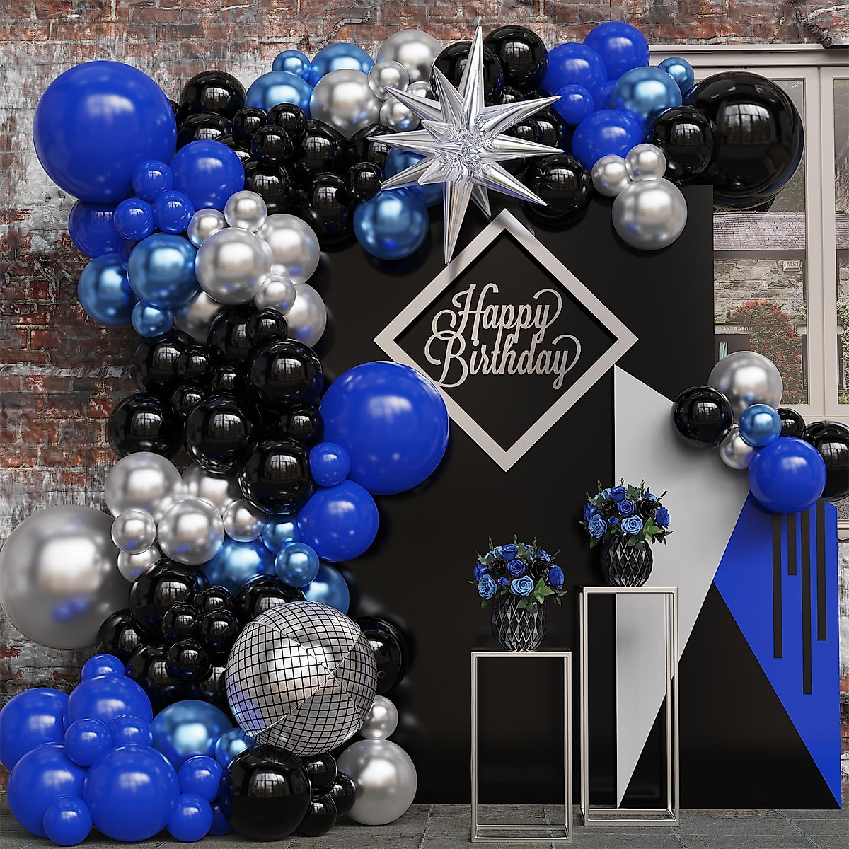 Blue and Black Balloon Garland Arch Kit 136PCS Blue and Black Silver Balloon with Silver Star Disco Ball Balloon for 80s Retro Birthday Graduation Disco Party Decorations