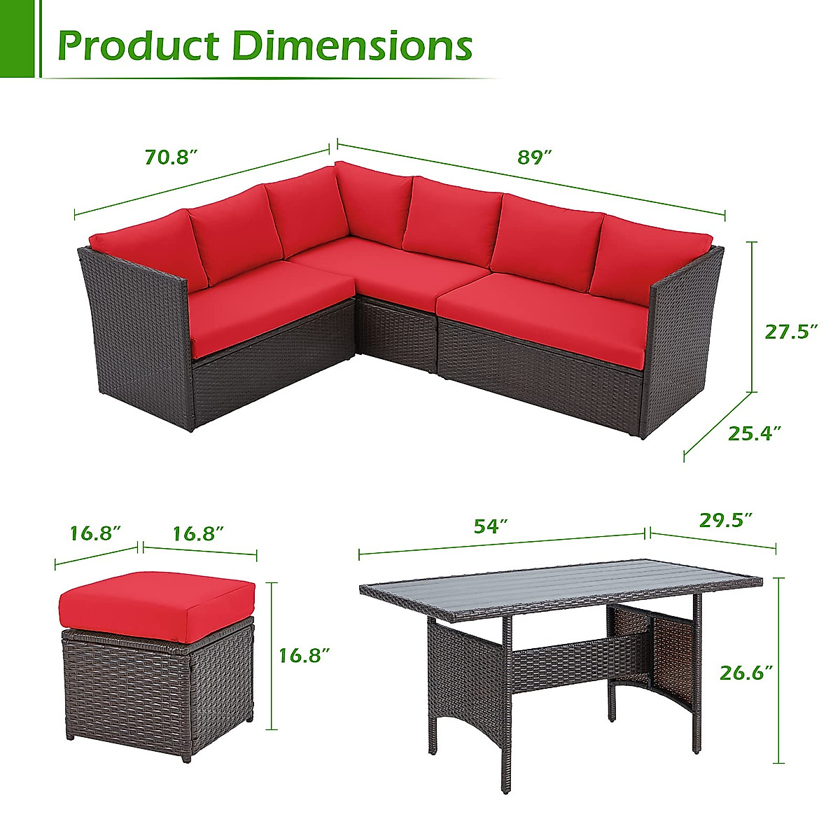 AECOJOY 7 Pieces Patio Furniture Set with Table, Outdoor Patio Furniture, Outdoor Dining Sectional Sofa with Table&Chair, Brown Rattan&Red Cushion