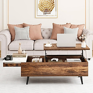 Rustic Oak Lift Top Coffee Table with Hidden Compartment - Mid-Century Modern Design, Adjustable Height Table