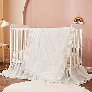 Brandream Boho Bohemian Girl Baby Nursery Crib Bed Skirt Dust Ruffle - Neutral Solid Color Beige Cream Off White Farmhouse Chic 100% Washed Cotton Ruffle