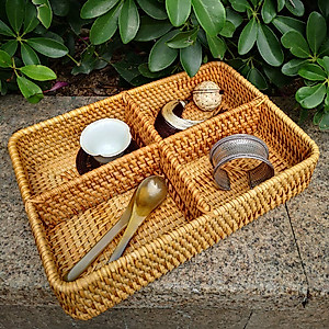 i-lan 4 Compartments Rectangular Rattan Basket, 12 Inch Divided Basket Tray with 3” Deep Wall, Decorative Flat Wicker Serving Basket for Fruit, Snacks, Catch All Dish, Brown