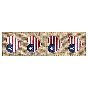 1.5" Faux Linen Wired Flag Heart Ribbon by Celebrate It Red, White & Blue