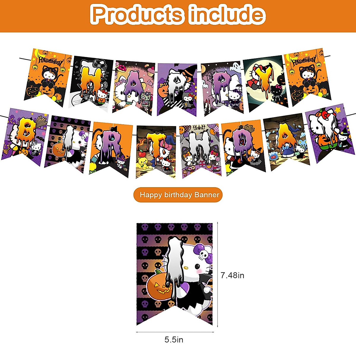 Halloween 𝓗𝓮𝓵𝓵𝓸 𝓚𝓲𝓽𝓽𝔂 Party Decorations,Birthday Supplies For Skelebones Halloween 𝓚𝓲𝓽𝓽𝔂 Includes Banner - Cake Topper 12 Cupcake Toppers 18 Balloons