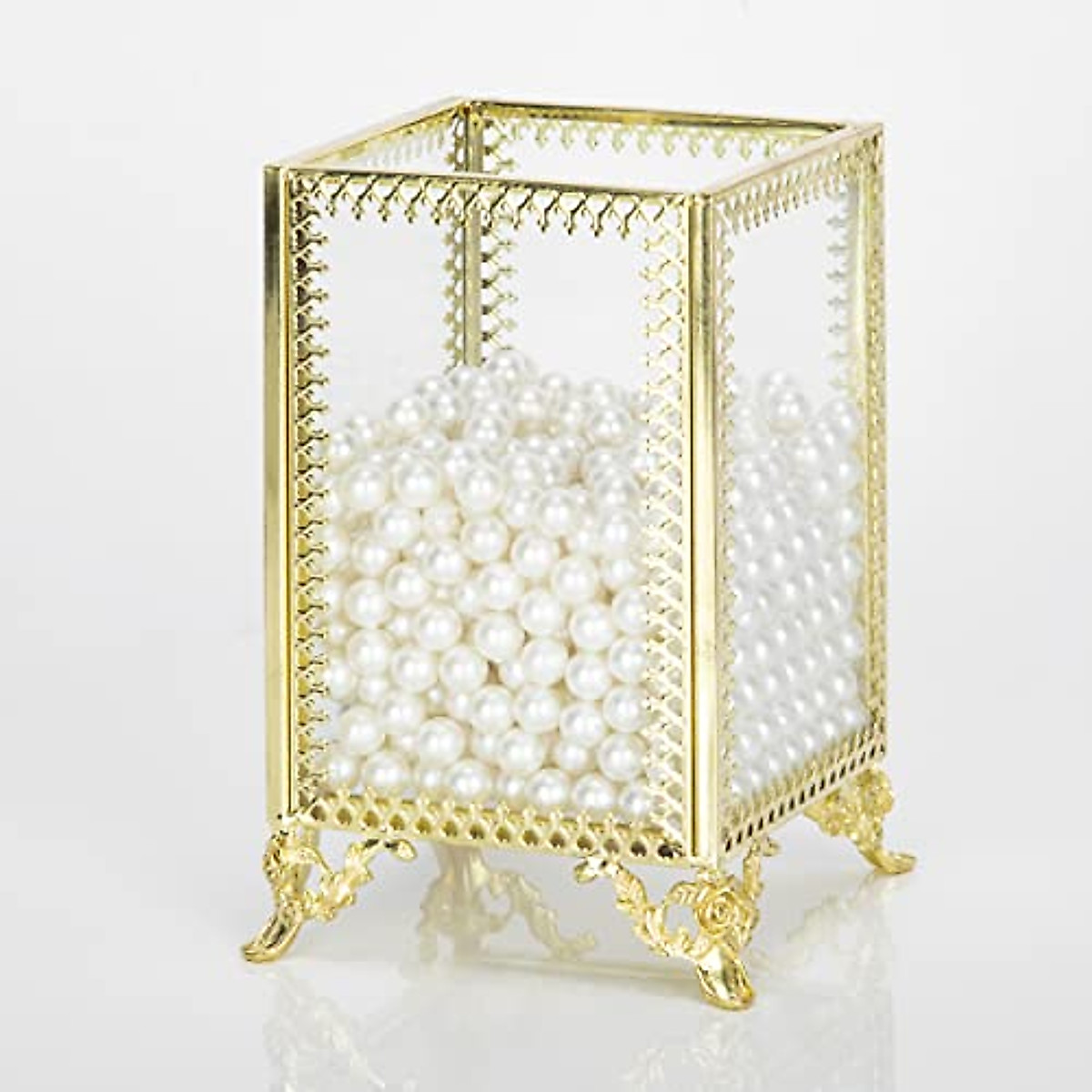 Makeup Brush Holder Vintage Glass Handmade Organizer with White Pearls for Nail Brush, Vanity, Bathroom, Dresser, Countertop - Gold