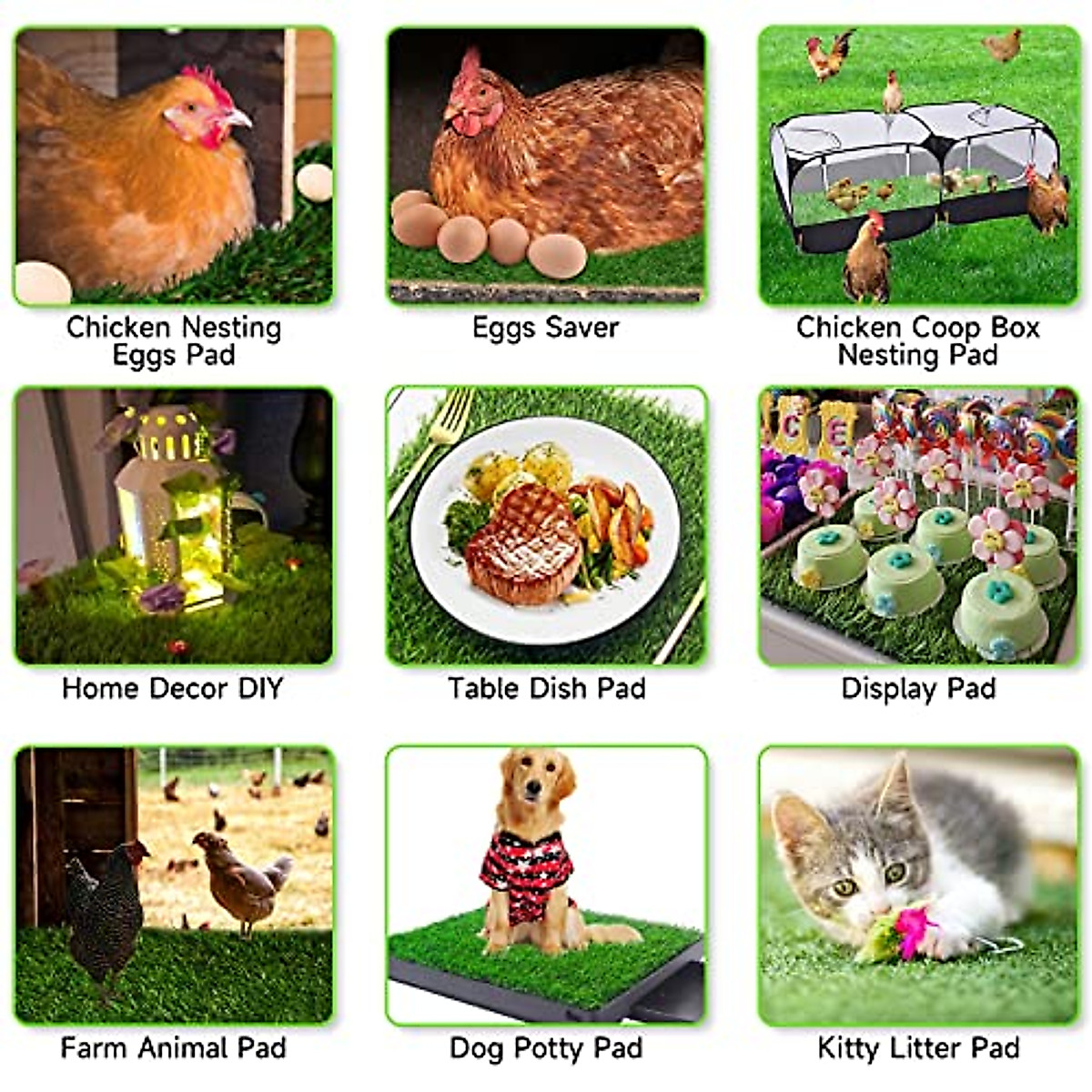 Vivnoon Chicken Nesting Box Pads, 9 Pack 12"x12" Artificial Grass Rug Synthetic Turf Mat for Chicken Coop Laying Box Grass Pads Pet Lawn Pads…