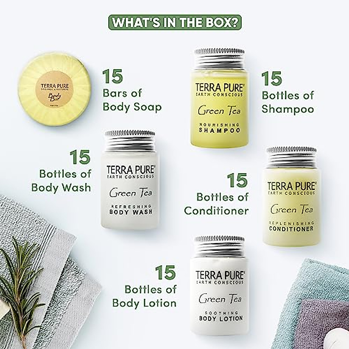 Terra Pure Hotel Soaps and Toiletries Bulk Set | 1-Shoppe All-In-Kit Amenities for Hotels | 1oz Hotel Shampoo & Conditioner, Body Wash, Body Lotion & 1.25oz Bar Soap Travel Size Toiletries | 75 Pieces