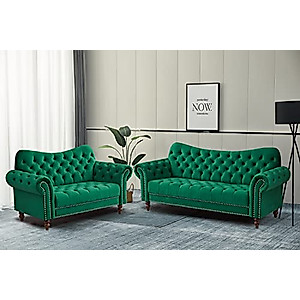 INSTORY Velvet Sofa Traditional Couch Tufted Loveseat with Wooden Legs for Living Room, Office, Bedroom - Green