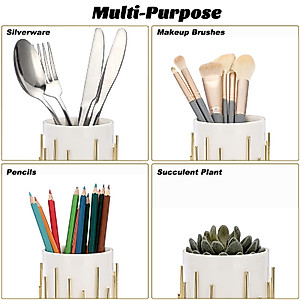 JUXYES Pack of 3 Ceramic Silverware Holder for Party, White Cutlery Holder Holder With Golden Metal Bracket, Small Flatware Caddy Organizer Utensil Holder for Kitchen Countertops Dining Tables