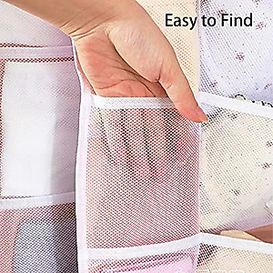 2 PCS Bra Hanging Bag, Cloth Dual Sided Wall Shelf Wardrobe Space Saver Bag for Underwear Bra Socks Storage Hanging Bags,with Mesh Pockets & Rotating Metal Hanger, Pink(5+10 Grids)&Gray(12+18 Grids)