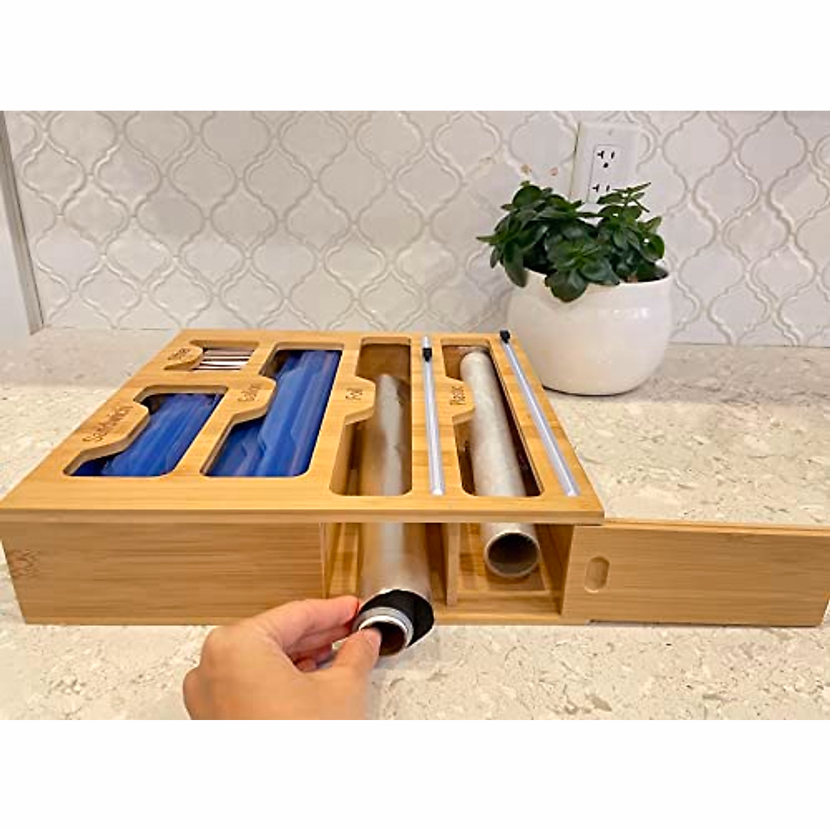 5 in 1 Ziplock Bag Organizer for Drawer - Easy to Use Plastic & Aluminum Foil Wrap Dispenser With Cutter Made of Premium Quality Solid Bamboo - Compatible for Gallon, Quart, Sandwich & Snack Size