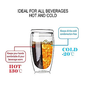 ZHMTang 1 Piece of Double-walled Borosilicate Glass Mug Tumbler for Coffee, Milk, Tea (15 Oz Glass lid)