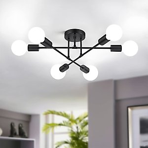 Modern Sputnik Chandelier 6-Light Industrial Ceiling Lights Fixture 22" Black Semi Flush Mount Ceiling Light with E26 Base Sputnik Lights Fixture for Dining Room Bedroom Foyer Hallway Living Room