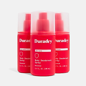 Duradry Body Deodorant Spray for Men and Women - Unscented Deodorant for Whole Body, Aluminum Free, Natural Odor Neutralizer, Clear and Residue Free, Non Staining, Cruelty Free - 3.4 Fl Oz (Pack of 3)
