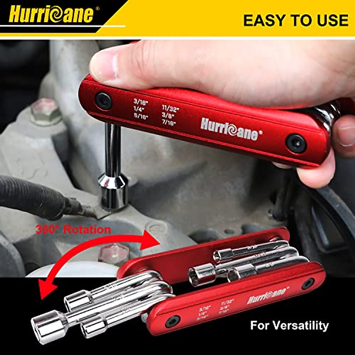 HURRICANE 6 in 1 Folding Nut Driver Set SAE, Hex Nut Driver Set, Cr-V Steel Shank. Premium Portable Premium Aluminum Handle. Easy to Carry Out, 3/16, 1/4, 5/16, 11/32, 3/8, 7/16 inch