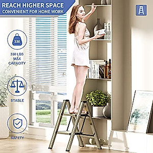 2 Step Ladder Folding Step Stool with Anti-Slip Sturdy and Wide Pedal, Aluminum Portable Lightweight Step Stool for Adults Multi-Use for Home Kitchen, Gold, 330 lbs