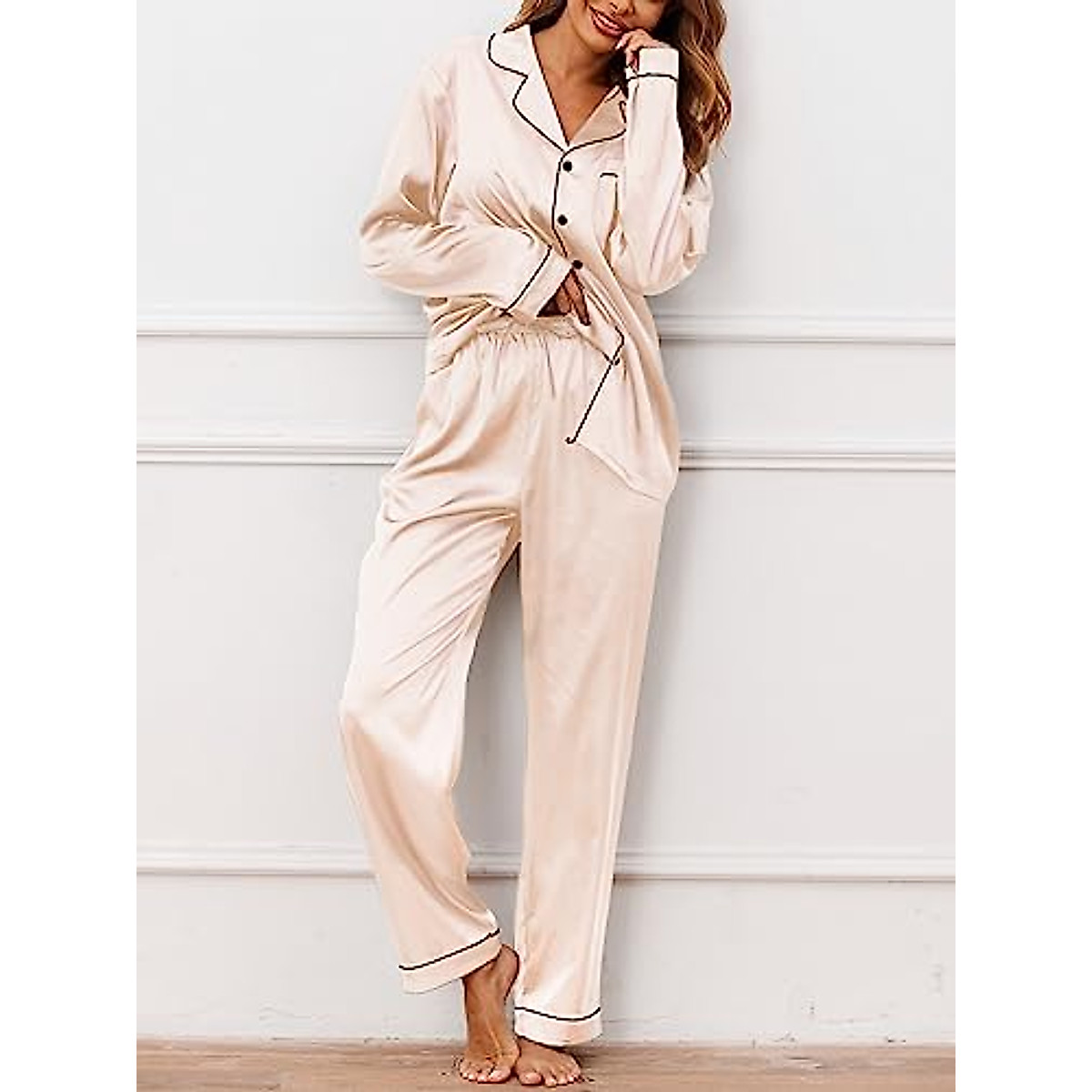 IFFEI 2 Pieces Silk Satin Womens Pajamas Set Button-Down Long Sleeve Girls Pajamas M Champagne