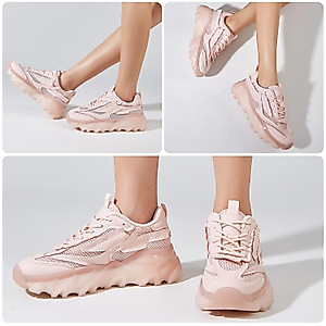 LUCKY STEP Women‘s Chunky Fashion Sneakers Platform Dad Cusual Classic Mesh Walking Shoes Comfortable Lace up Travel Sneakers(Pink,9B(M) US)